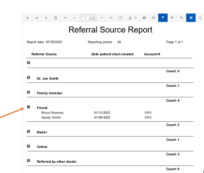Creating a referral source report (from patient chart in DentalWriter Plus+